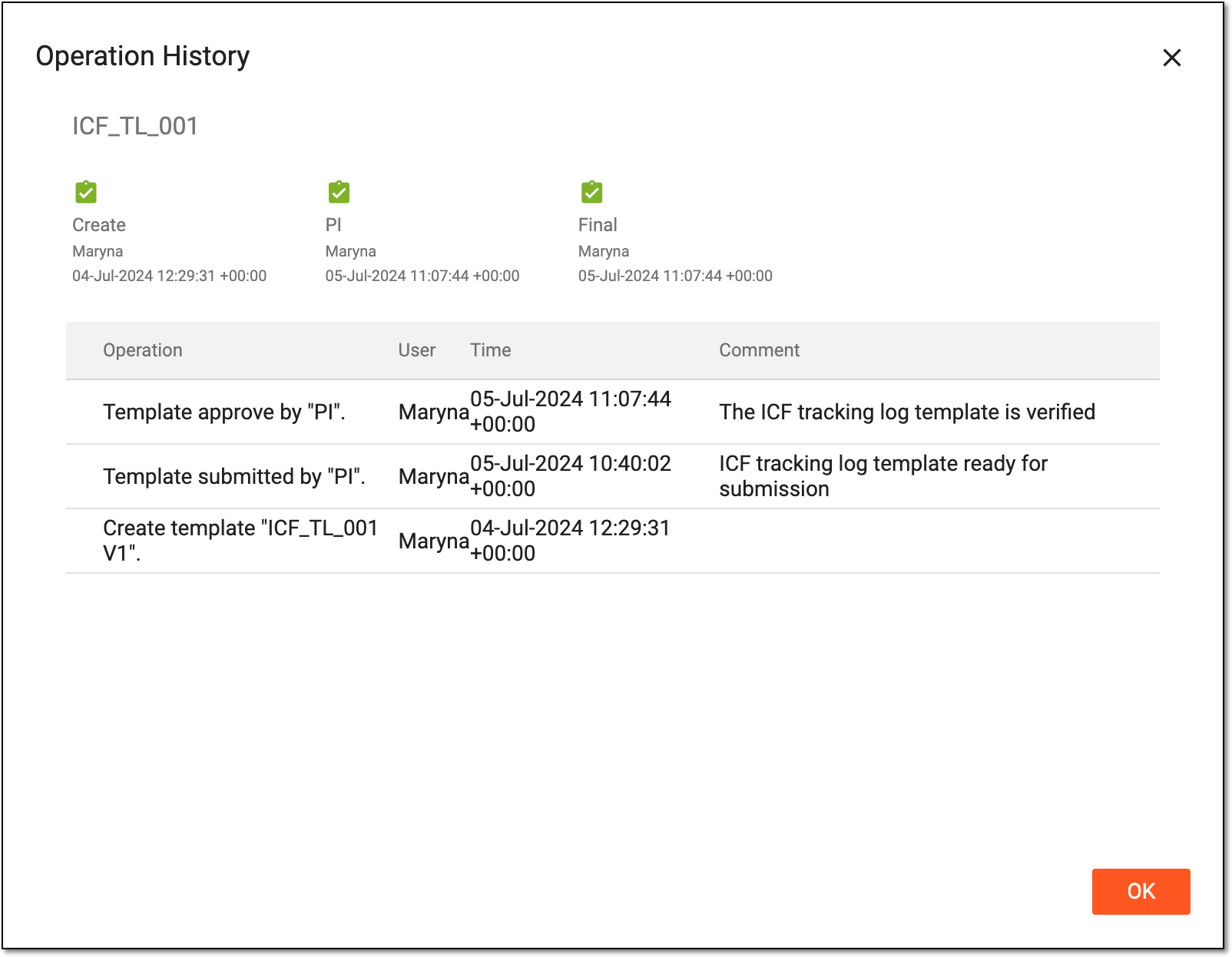 View operation history of ICF tracking log template