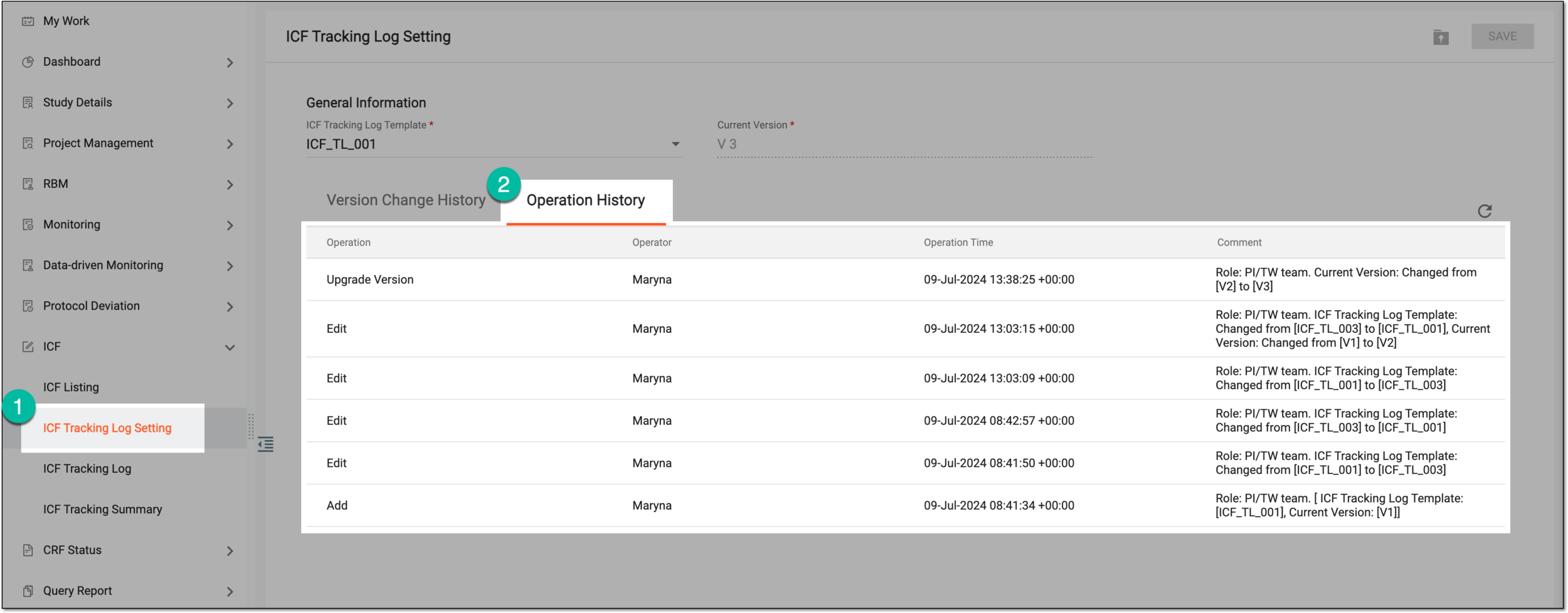 Review ICF tracking log template change history