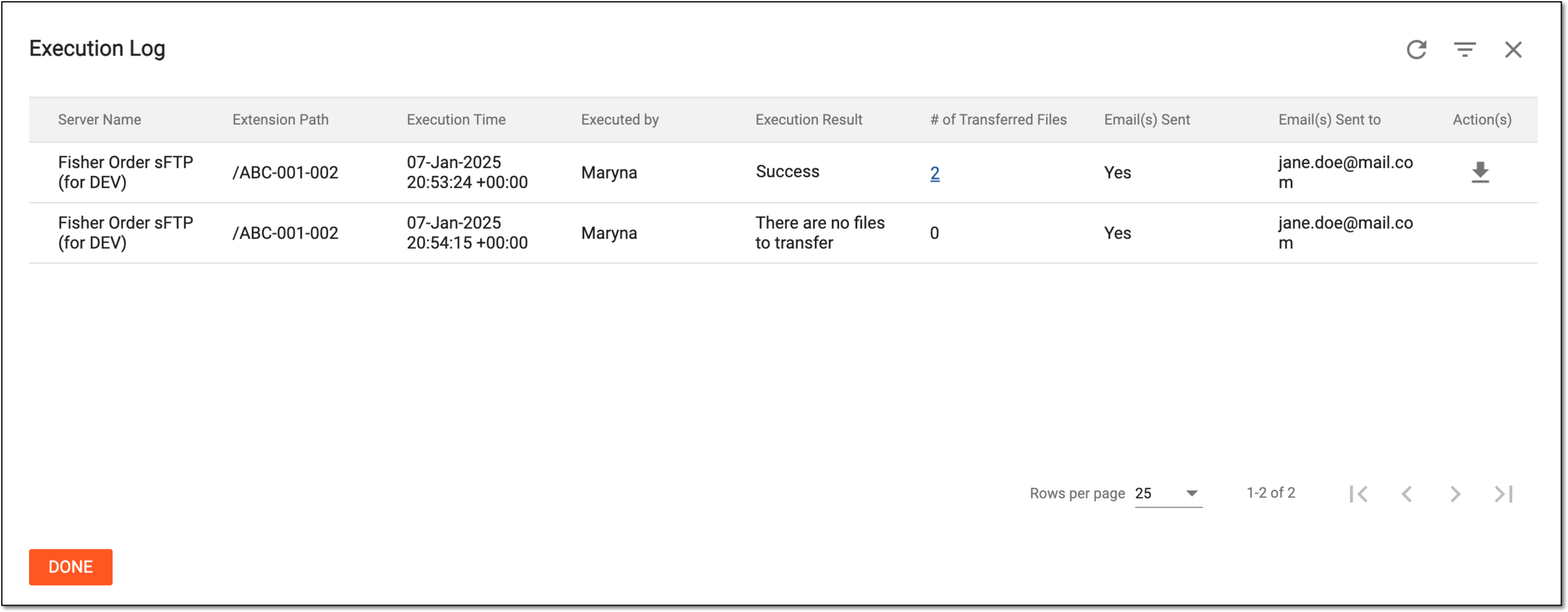 View integration configuration execution log
