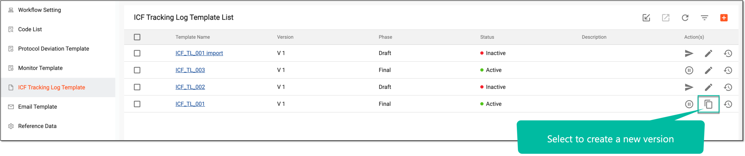 Create new version of ICF tracking log template
